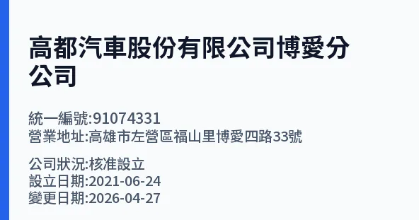 高都汽車股份有限公司博愛分公司的照片-統編 91074331(高雄市) 公司登記資料與營業項目詳細圖表