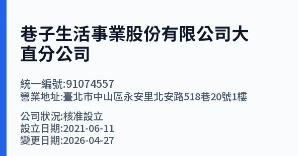 巷子生活事業股份有限公司大直分公司的照片-統編 91074557(臺北市) 公司登記資料與營業項目詳細圖表
