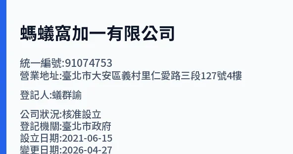 螞蟻窩加一有限公司的照片-統編 91074753(臺北市) 公司登記資料與營業項目詳細圖表