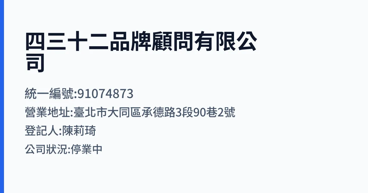 四三十二品牌顧問有限公司 - 統編 91074873(臺北市) 公司登記資料與營業項目詳細圖表
