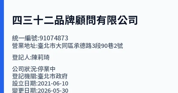 四三十二品牌顧問有限公司的照片-統編 91074873(臺北市) 公司登記資料與營業項目詳細圖表