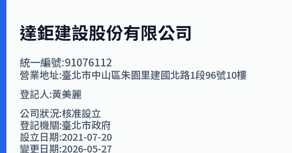 達鉅建設股份有限公司的照片-統編 91076112(臺北市) 公司登記資料與營業項目詳細圖表