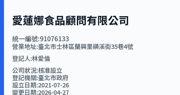 愛蓮娜食品顧問有限公司的照片-統編 91076133(臺北市) 公司登記資料與營業項目詳細圖表
