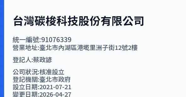 台灣碳梭科技股份有限公司的照片-統編 91076339(臺北市) 公司登記資料與營業項目詳細圖表