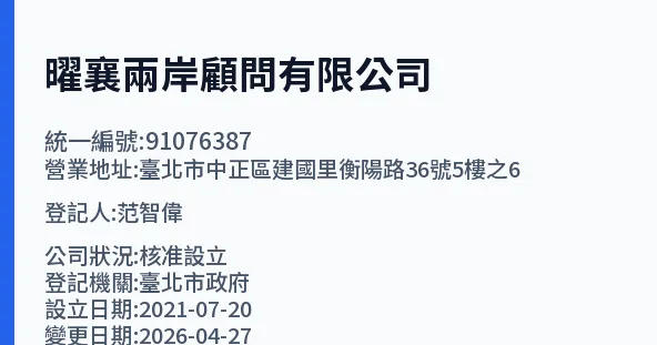 曜襄兩岸顧問有限公司的照片-統編 91076387(臺北市) 公司登記資料與營業項目詳細圖表