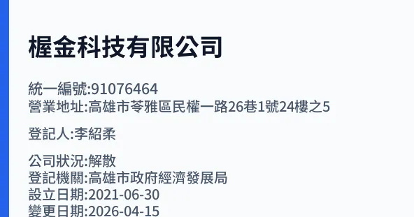 楃金科技有限公司的照片-統編 91076464(高雄市) 公司登記資料與營業項目詳細圖表