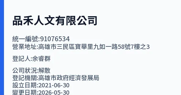 品禾人文有限公司的照片-統編 91076534(高雄市) 公司登記資料與營業項目詳細圖表