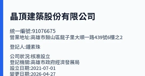 晶頂建築股份有限公司的照片-統編 91076675(高雄市) 公司登記資料與營業項目詳細圖表