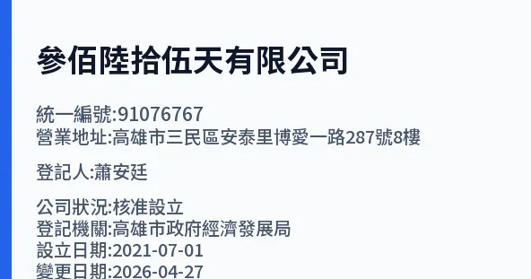 參佰陸拾伍天有限公司的照片-統編 91076767(高雄市) 公司登記資料與營業項目詳細圖表