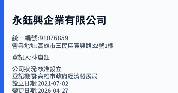 永鈺興企業有限公司的照片-統編 91076859(高雄市) 公司登記資料與營業項目詳細圖表