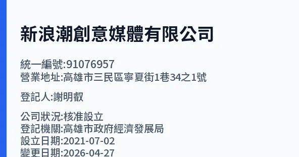 新浪潮創意媒體有限公司的照片-統編 91076957(高雄市) 公司登記資料與營業項目詳細圖表