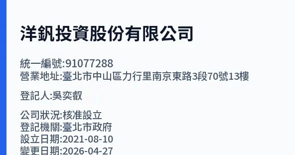 洋釩投資股份有限公司的照片-統編 91077288(臺北市) 公司登記資料與營業項目詳細圖表