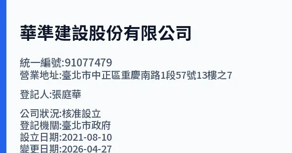華準建設股份有限公司的照片-統編 91077479(臺北市) 公司登記資料與營業項目詳細圖表
