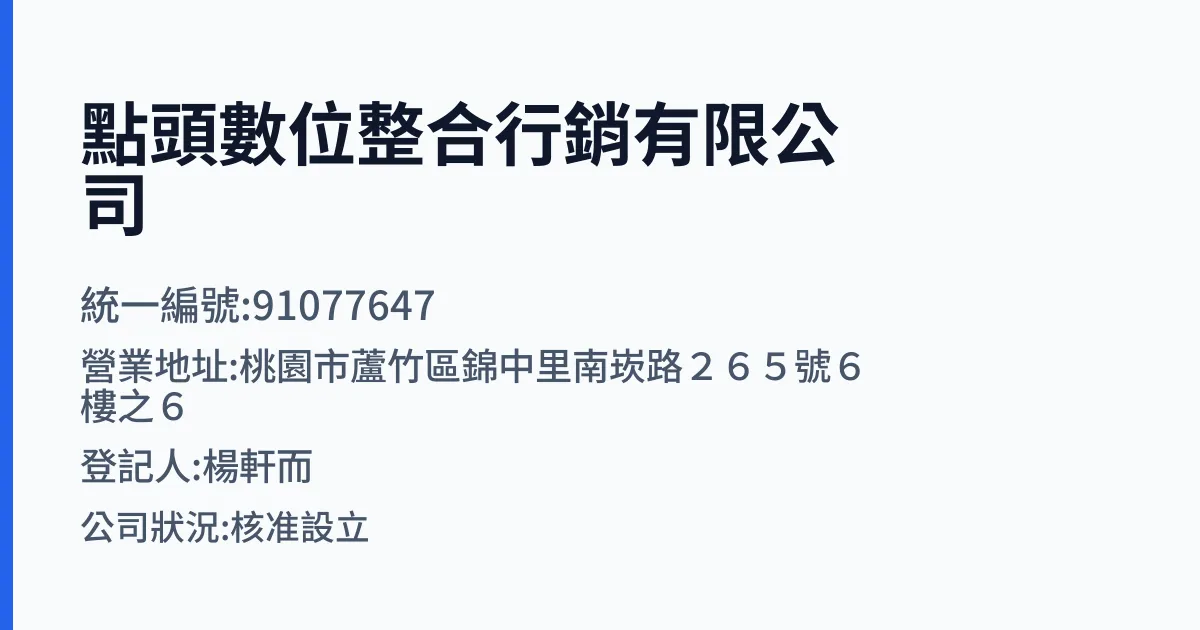 點頭數位整合行銷有限公司 - 統編 91077647(桃園市) 公司登記資料與營業項目詳細圖表