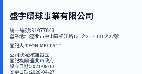 盛宇環球事業有限公司的照片-統編 91077843(臺北市) 公司登記資料與營業項目詳細圖表