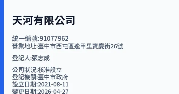 天河有限公司的照片-統編 91077962(臺中市) 公司登記資料與營業項目詳細圖表