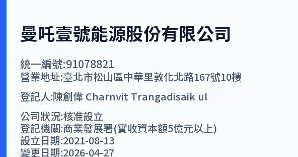 曼吒壹號能源股份有限公司的照片-統編 91078821(臺北市) 公司登記資料與營業項目詳細圖表