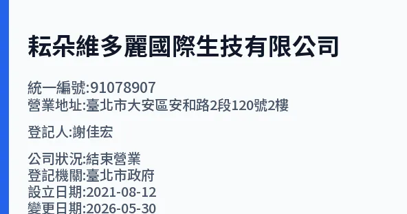 耘朵維多麗國際生技有限公司的照片-統編 91078907(臺北市) 公司登記資料與營業項目詳細圖表