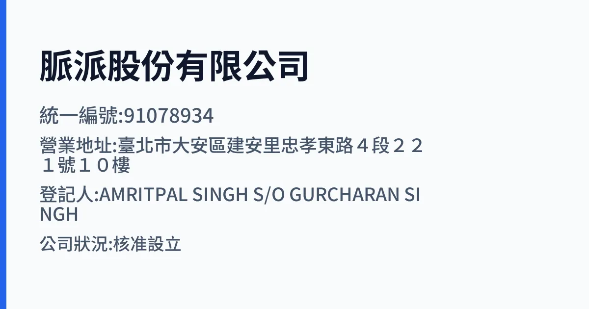 脈派股份有限公司 - 統編 91078934(臺北市) 公司登記資料與營業項目詳細圖表
