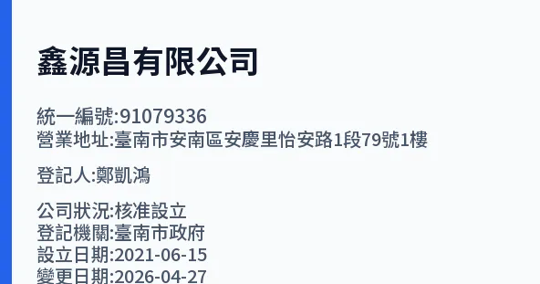 鑫源昌有限公司的照片-統編 91079336(臺南市) 公司登記資料與營業項目詳細圖表
