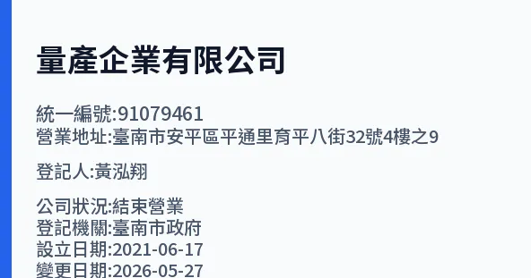 量產企業有限公司的照片-統編 91079461(臺南市) 公司登記資料與營業項目詳細圖表