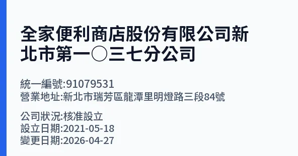 全家便利商店股份有限公司新北市第一○三七分公司的照片-統編 91079531(新北市) 公司登記資料與營業項目詳細圖表