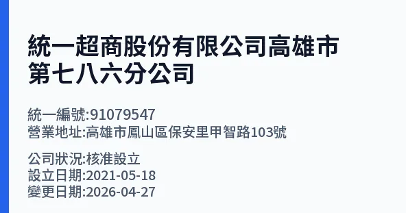 統一超商股份有限公司高雄市第七八六分公司的照片-統編 91079547(高雄市) 公司登記資料與營業項目詳細圖表