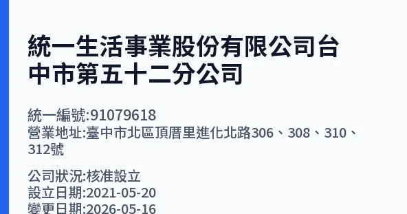 統一生活事業股份有限公司台中市第五十二分公司的照片-統編 91079618(臺中市) 公司登記資料與營業項目詳細圖表