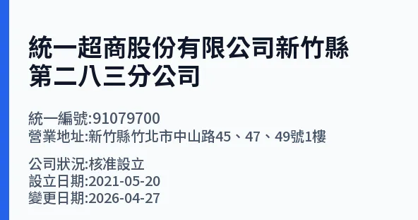 統一超商股份有限公司新竹縣第二八三分公司的照片-統編 91079700(新竹縣) 公司登記資料與營業項目詳細圖表