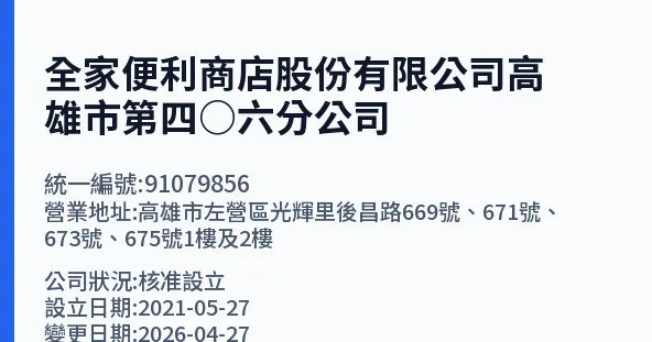 全家便利商店股份有限公司高雄市第四○六分公司的照片-統編 91079856(高雄市) 公司登記資料與營業項目詳細圖表