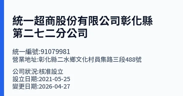 統一超商股份有限公司彰化縣第二七二分公司的照片-統編 91079981(彰化縣) 公司登記資料與營業項目詳細圖表