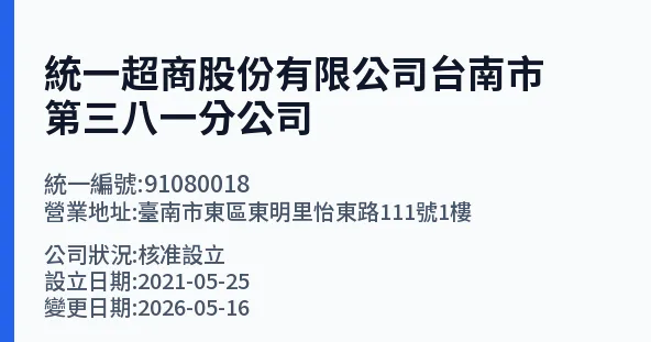 統一超商股份有限公司台南市第三八一分公司的照片-統編 91080018(臺南市) 公司登記資料與營業項目詳細圖表
