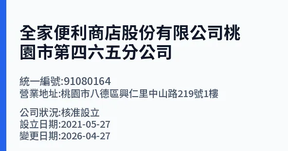 全家便利商店股份有限公司桃園市第四六五分公司的照片-統編 91080164(桃園市) 公司登記資料與營業項目詳細圖表