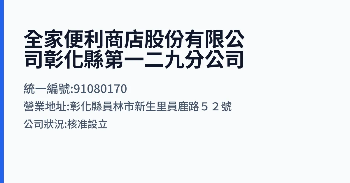 全家便利商店股份有限公司彰化縣第一二九分公司 - 統編 91080170(彰化縣) 公司登記資料與營業項目詳細圖表