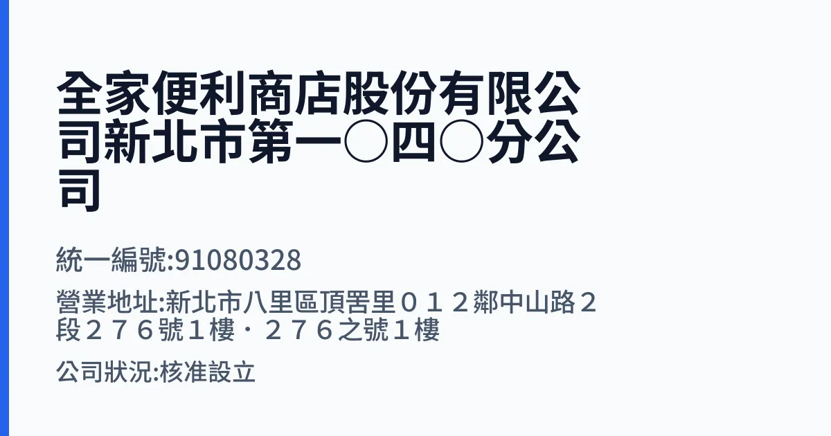 全家便利商店股份有限公司新北市第一○四○分公司 - 統編 91080328(新北市) 公司登記資料與營業項目詳細圖表