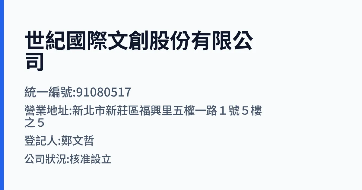 世紀國際文創股份有限公司 - 統編 91080517(新北市) 公司登記資料與營業項目詳細圖表