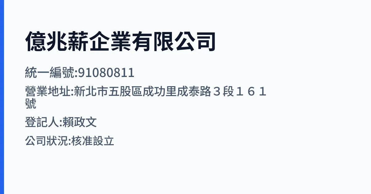 億兆薪企業有限公司 - 統編 91080811(新北市) 公司登記資料與營業項目詳細圖表