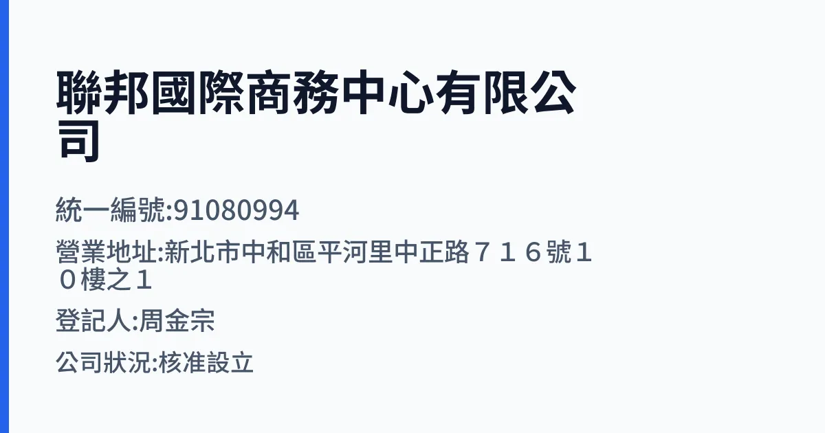 聯邦國際商務中心有限公司 - 統編 91080994(新北市) 公司登記資料與營業項目詳細圖表