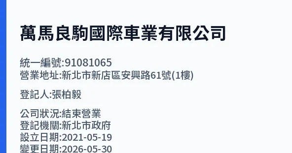 萬馬良駒國際車業有限公司的照片-統編 91081065(新北市) 公司登記資料與營業項目詳細圖表