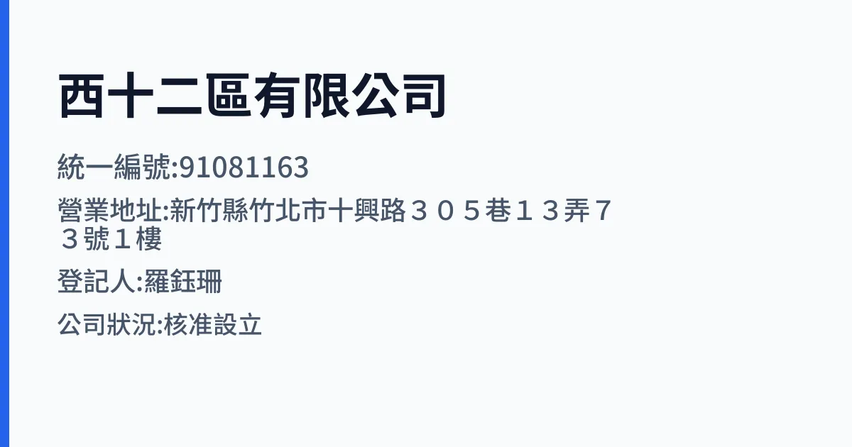 西十二區有限公司 - 統編 91081163(新竹縣) 公司登記資料與營業項目詳細圖表