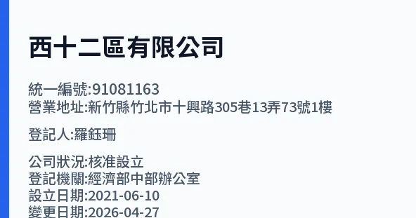 西十二區有限公司的照片-統編 91081163(新竹縣) 公司登記資料與營業項目詳細圖表