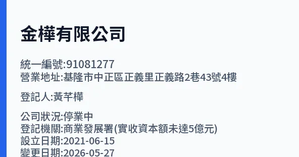 金樺有限公司的照片-統編 91081277(基隆市) 公司登記資料與營業項目詳細圖表