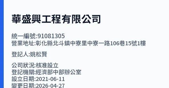 華盛興工程有限公司的照片-統編 91081305(彰化縣) 公司登記資料與營業項目詳細圖表