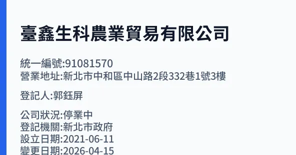 臺鑫生科農業貿易有限公司的照片-統編 91081570(新北市) 公司登記資料與營業項目詳細圖表