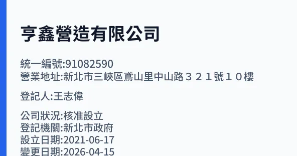 亨鑫營造有限公司的照片-統編 91082590(新北市) 公司登記資料與營業項目詳細圖表
