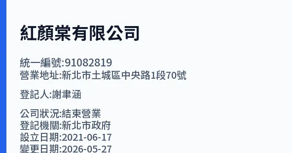 紅顏棠有限公司的照片-統編 91082819(新北市) 公司登記資料與營業項目詳細圖表