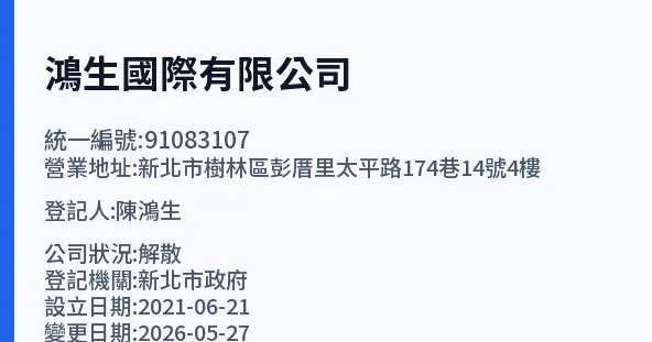 鴻生國際有限公司的照片-統編 91083107(新北市) 公司登記資料與營業項目詳細圖表