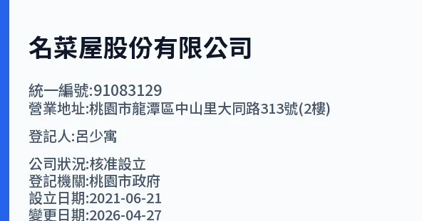 名菜屋股份有限公司的照片-統編 91083129(桃園市) 公司登記資料與營業項目詳細圖表