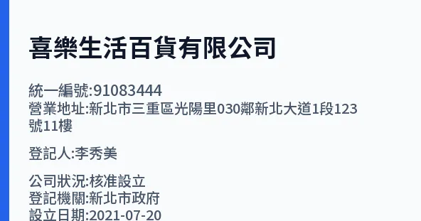 喜樂生活百貨有限公司的照片-統編 91083444(新北市) 公司登記資料與營業項目詳細圖表