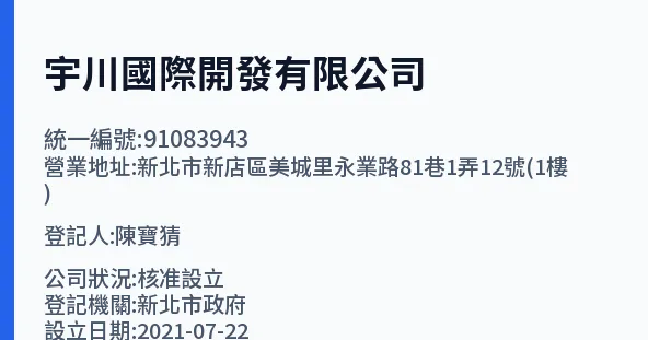 宇川國際開發有限公司的照片-統編 91083943(新北市) 公司登記資料與營業項目詳細圖表
